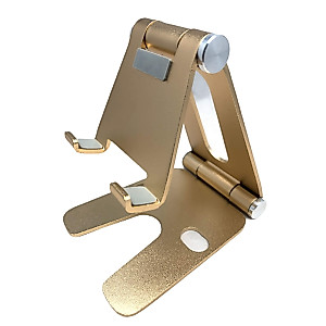 Pokanic Cell Phone Tablet Fully Foldable Stand Dock Holder Cradle Mount Organizer Charger Station Table Desk Bed Office School Kitchen Travel Portable Adjustable Multi-Angle Aluminum (Gold)