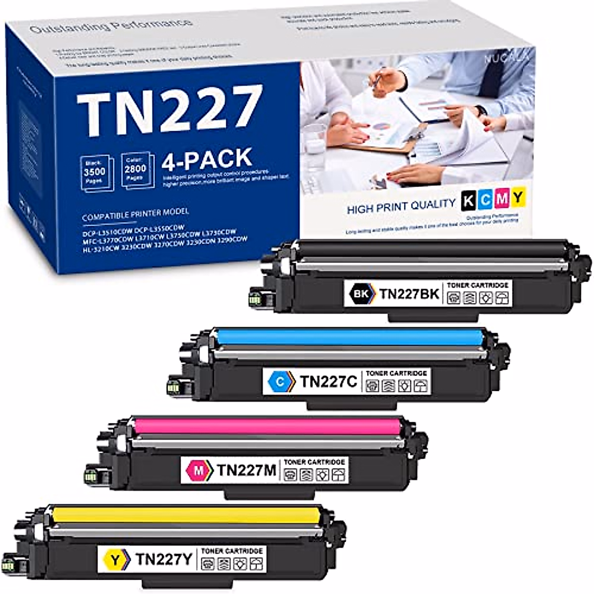 (TN-227, 4-Pack) TN227BK TN227C TN227M TN227Y Toner Cartridge, NUC Compatible Replacement for Brother TN227 Cartridges Works with HL-3210CW HL-3230CDN HL-3230CDW HL-3270CDW Printer Ink, 1BK+1C+1M+1Y