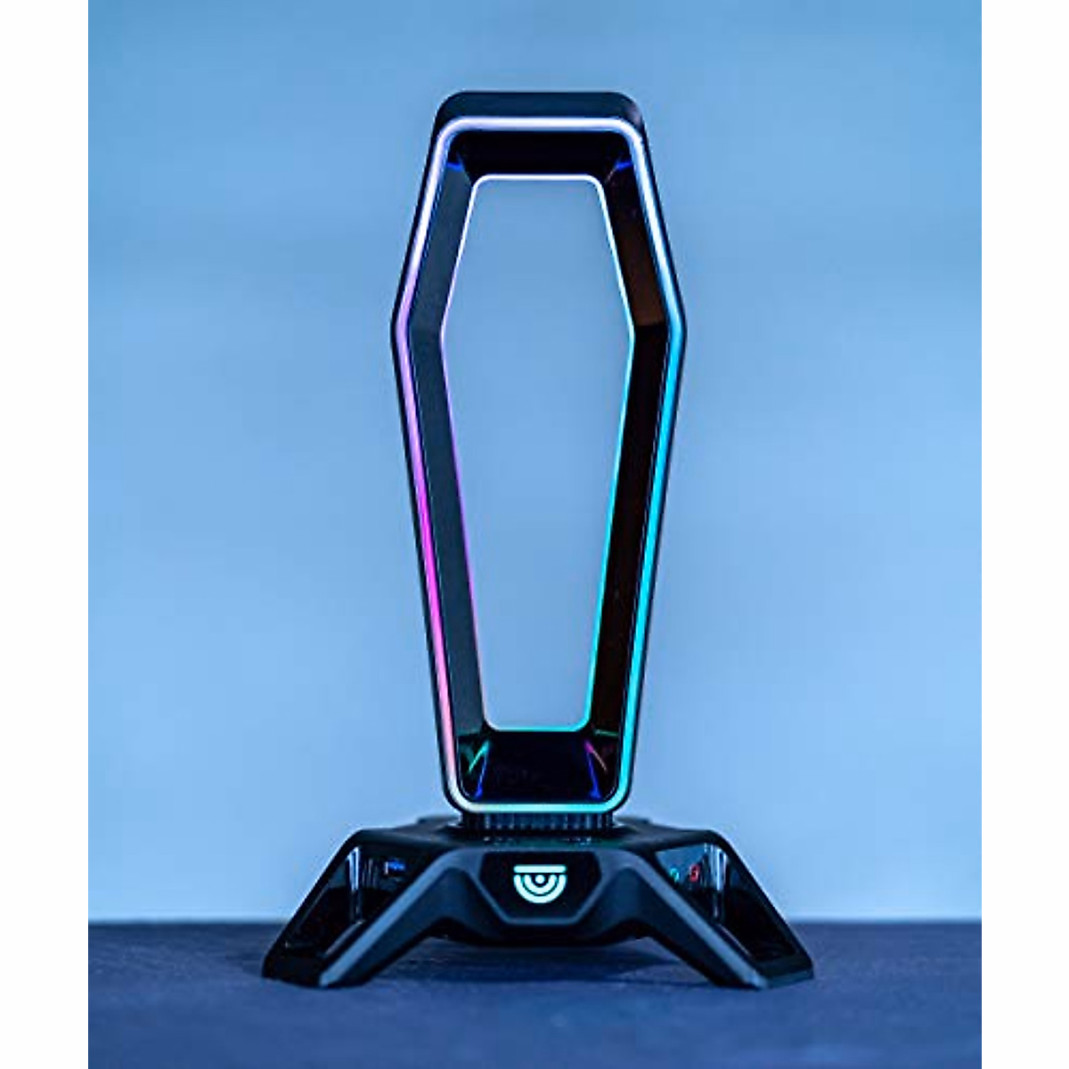 TRUSYO AUDIO THE PORTAL USB 3.0 headset stand with dual RGB lights, 3 usb charger ports, a headphone holder for wired or wireless headphones, great for gaming stations. A gaming accessory.