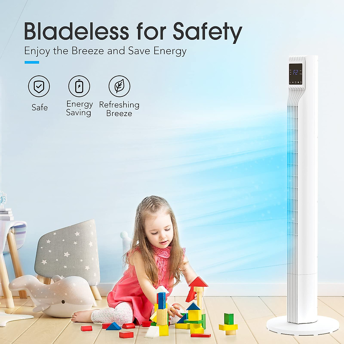 Tower Fan - 44’’ Oscillating Tower Fan with Remote Control, Quiet Bladeless Cooling Fan with 3 Modes, LED Display Stand Up Fan with 7.5h Timer, Indoor Standing Fan for Bedroom/Home Office Use