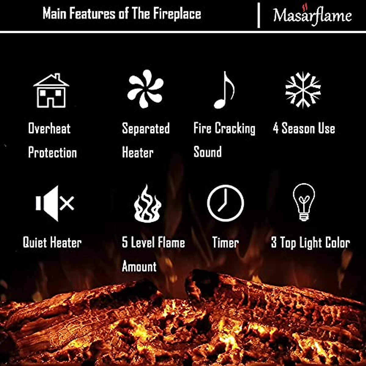 Masarflame 43'' Electric Fireplace Insert, Retro Recessed Fireplace Heater with Fire Cracking Sound, Remote Control & Timer, 750/1500W, Black