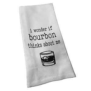 I Wonder If Bourbon Thinks About Me Tea Towel | Dish Towels with Funny Bourbon Whiskey Sayings are Perfect for Home, Bar, or Kitchen | Funny Gift for Old Fashioned Cocktail Lovers