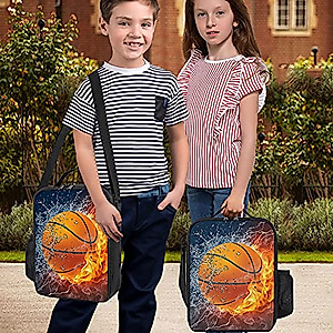 Insulated Lunch Box for Girls Boys, Leakproof Portable Lunch Bags with Adjustable Shoulder Strap and Side Pocket, Durable Reusable Cooler Tote Bag for Beach/Picnic/Office/Collega (Basketball)