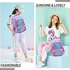 BLUEFAIRY Mermaid Backpack for Girls Elementary School Bags for Kids Primary School Cute Book Bags Fish Scale Child Gifts Presents Travel Mochila Sirenpara Niñas Lightweight 17 Inch (Rose)