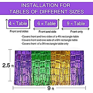 PartyWoo Mardi Gras Decorations, 2 pcs 2.5x9.8 ft Mardi Gras Fringe Table Skirt, Green Purple Gold Splicing Foil Fringe Tinsel for Mardi Gras Party Decorations, Mardi Gras Backdrop, Table Decorations
