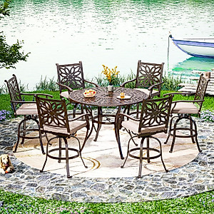 PHI VILLA Cast Aluminum High Bar Dining Set for 6 Person, 7 Piece Outdoor Patio Set with 54" Dia Cast-Top Aluminum Table(2.1" Umbrella Hole) and 6 Outdoor Swivel Bar Stool Chairs with Seat Cushions
