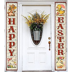 Vintage Easter Banner-Happy Easter Front Door Porch Sign Banner Vintage Easter Decorations Backdrop for Easter Party Supplies Outdoor