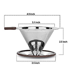 Pour Over Coffee Dripper , RealPero Coffee Filter Stainless Steel Paperless and Reusable , Professional Drip Brew Coffee Cone Strainer , Update Double Micro Mesh Filter with Cup Stand ,1-2 Cup