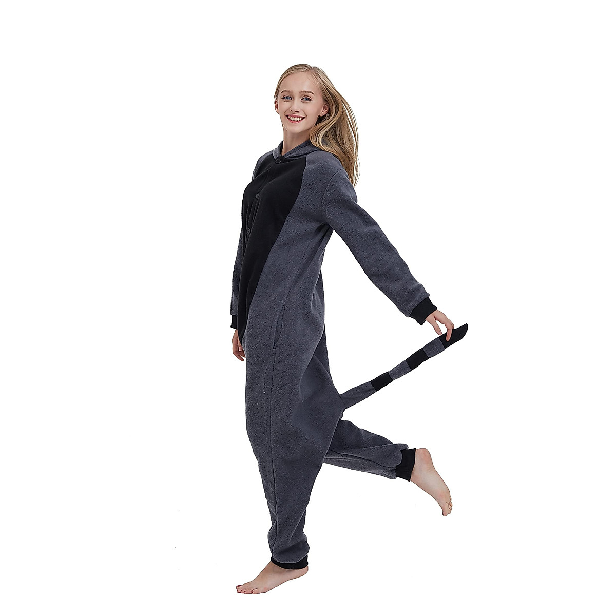 SimZoo Adult Animal Onesie Pajamas, Men and Women's Grey Raccoon Cosplay Costume Sleepwear, One-Piece Unisex Homewear Medium