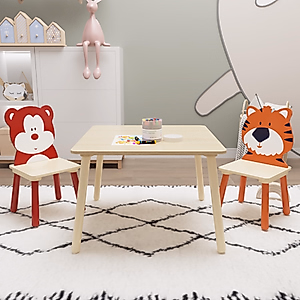 BAOMKONG Kids Table and Chairs, Childrens Table and Chair Set of 3 Piece, Wooden Cartoon Animals Design, Ideal for Arts & Crafts, Gift for Ages 2+, Bear & Tiger