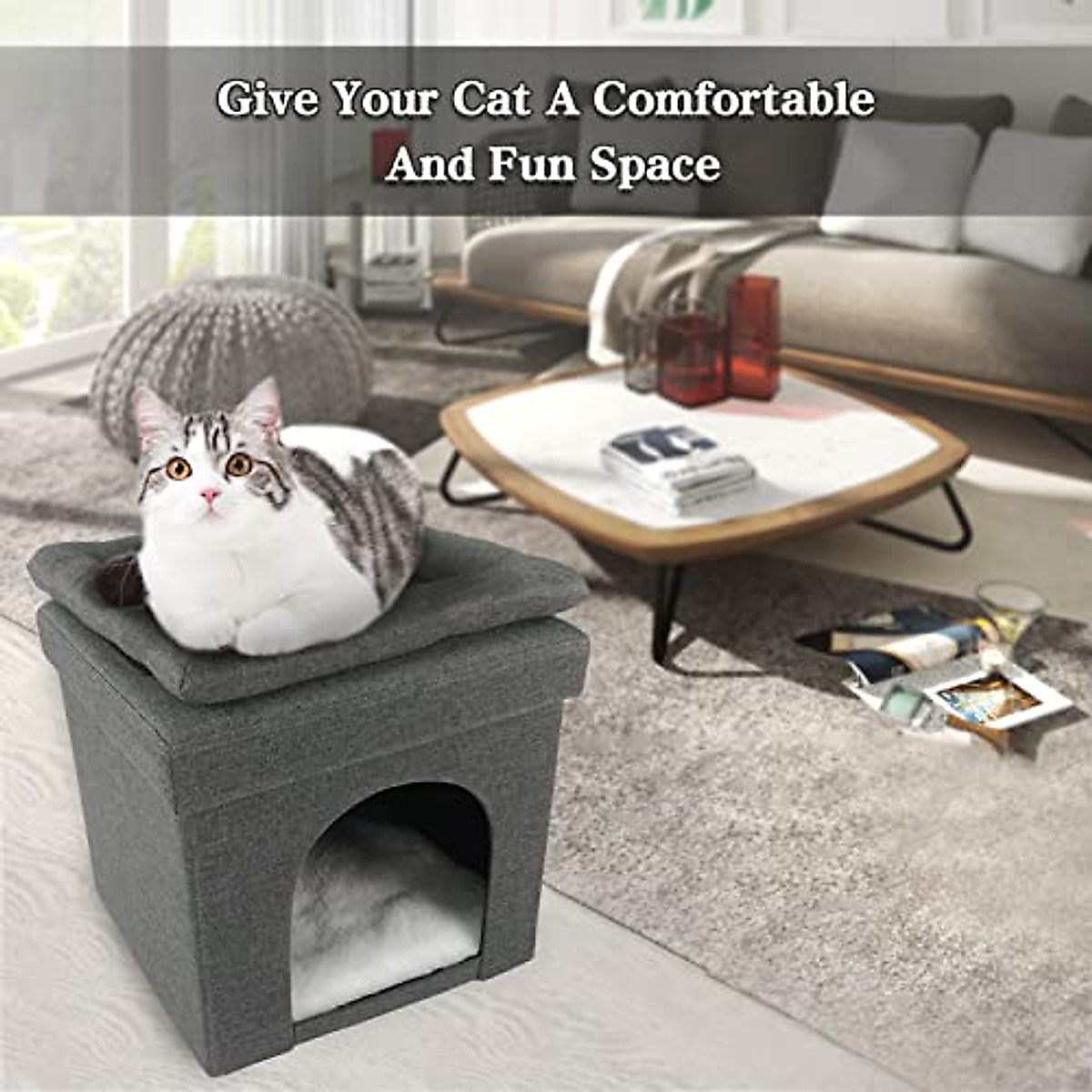 SICZON Cat House Ottoman, Modern Cat Condo for Indoor, 13"x13"x13" Foldable Cat Cube Bed for Kitten Sturdy Structure with Removable Lid