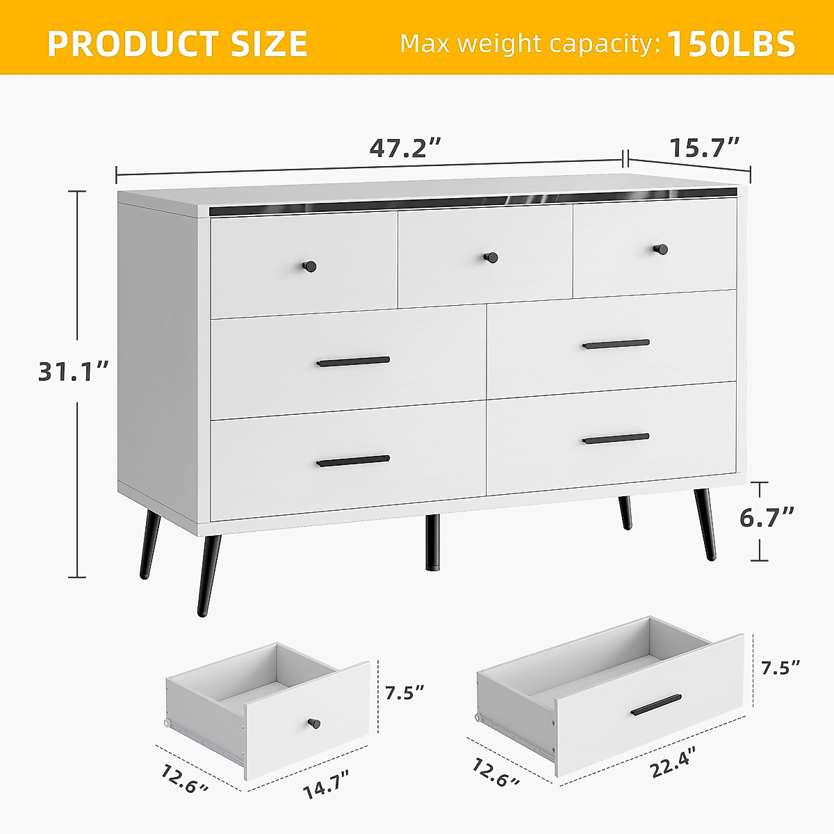 DWVO White 7 Drawer Dresser, Wood Storage Dressers & Chests of Drawers with Black Metal Handle ＆ Anti-Tipping Device, Modern Double Dresser Storage Cabinet Living Room Hallway, Entryway