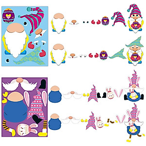 MALLMALL6 36Pcs Make a Easter Bunny Gnome Sticker Game DIY Art Crafts Your Own 6 Kinds Cartoon Characters Stickers Mixed and Matched Games Decorations Party Favors Birthday School Supplies for Kids