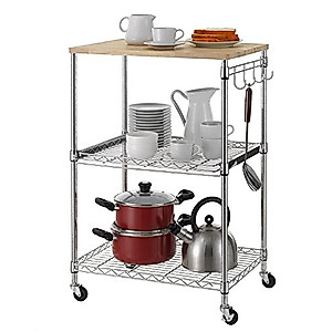 Finnhomy 3-Tier Wire Rolling Kitchen Cart, Food Service Cart, Microwave Stand, Oak Cutting Board and Chrome