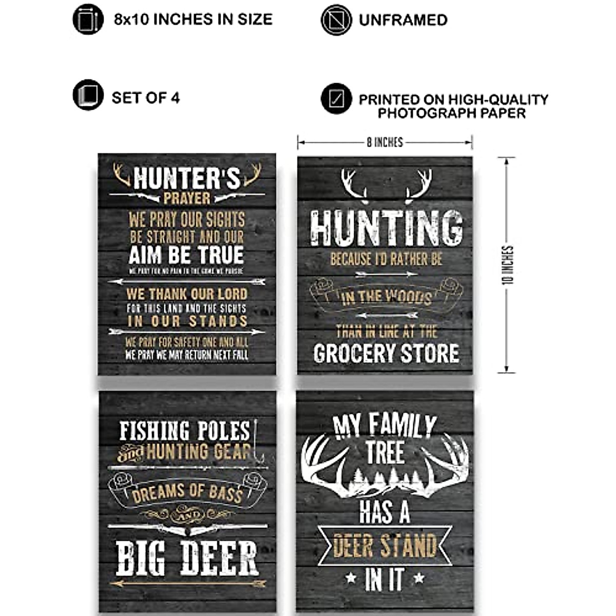 Fishing and Hunting Decor Wall Art Set of 4 - Hunting Wall Art Decor - Gifts for Hunters & Fisherman - Rustic Hunting Cabin Decor - Farmhouse Hunting Wall Decor - 8x10 unframed prints