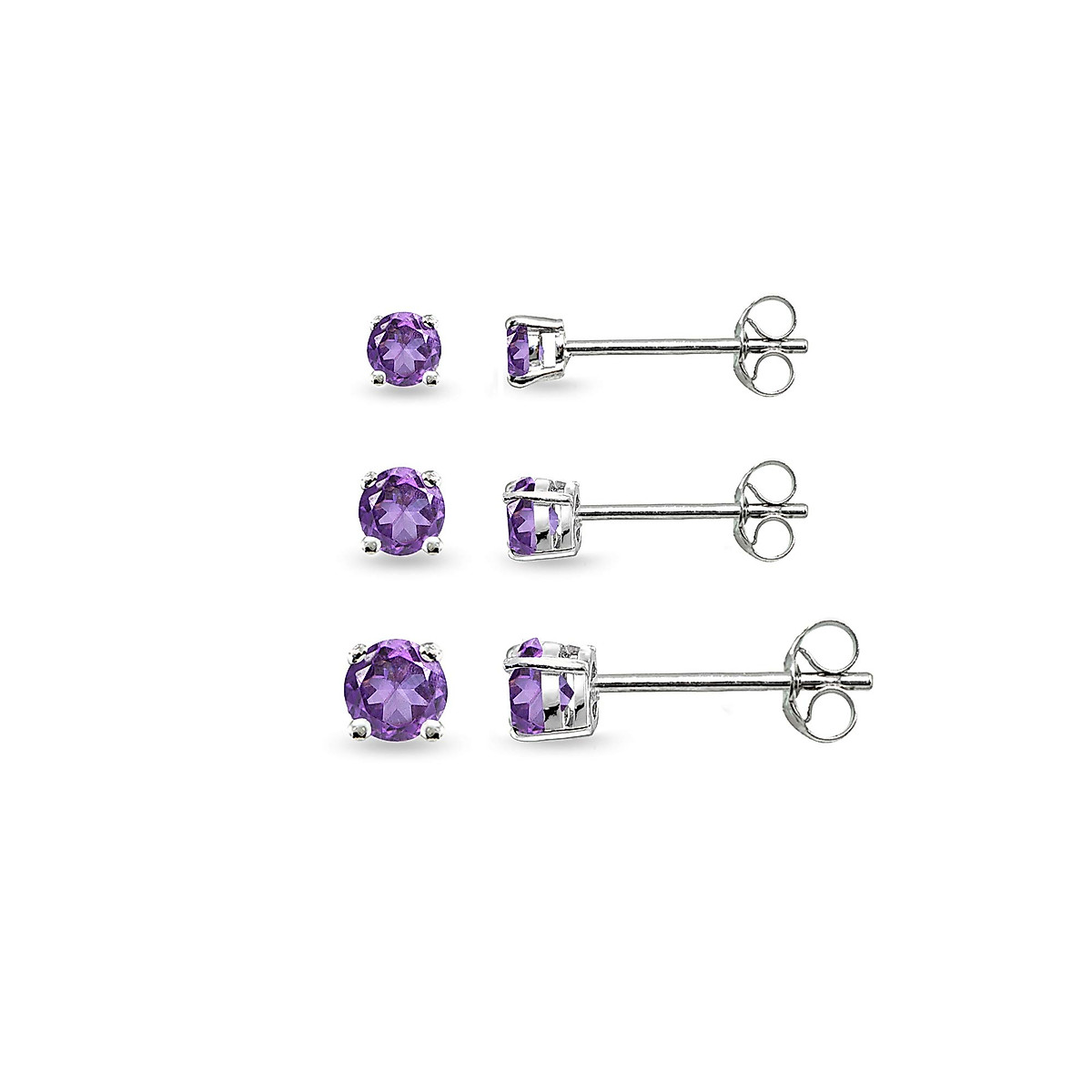 3-Pair Set Sterling Silver African Amethyst Round Stud Earrings, 3mm 4mm 5mm