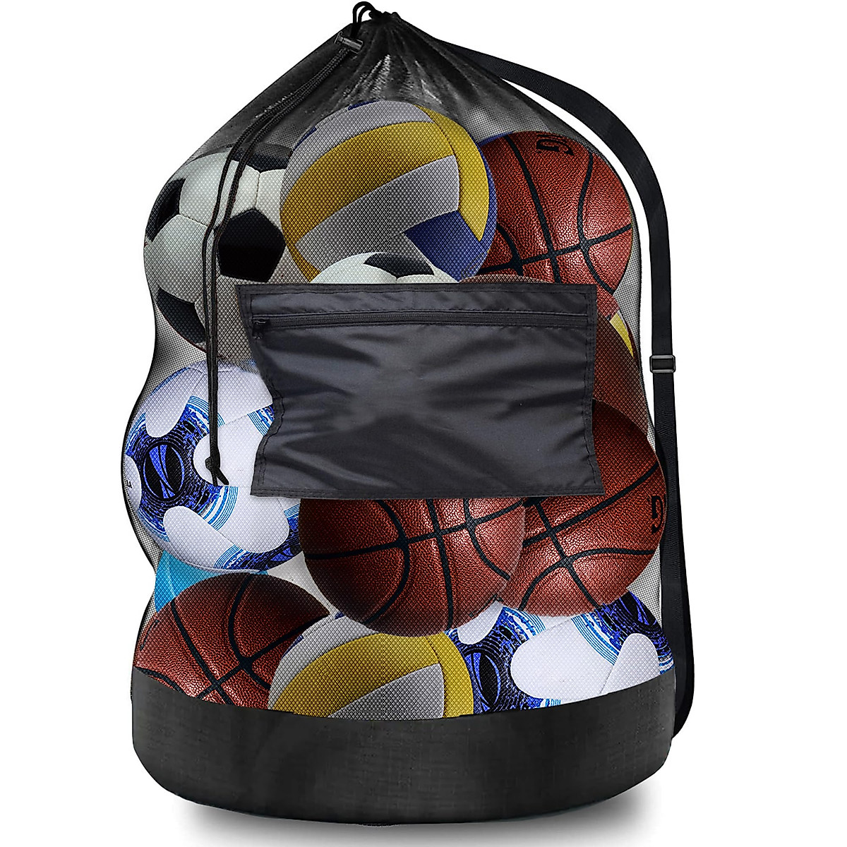 Rudmox Extra Large Mesh Ball Bag, Holding Basketball, Baseball, Swimming Gear or Beach Toy with Shoulder Strap Bottle Holder and Adjustable Shoulder Strap for Sports Team and Coach (Black)