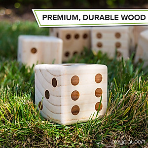 Play Platoon Giant Wooden Dice, Yardzee Outdoor Game with Bucket, 3.5" Giant Wooden Games for Families, 6 Large Dice, Collapsible Bucket, Score Cards, Dry Erase Marker
