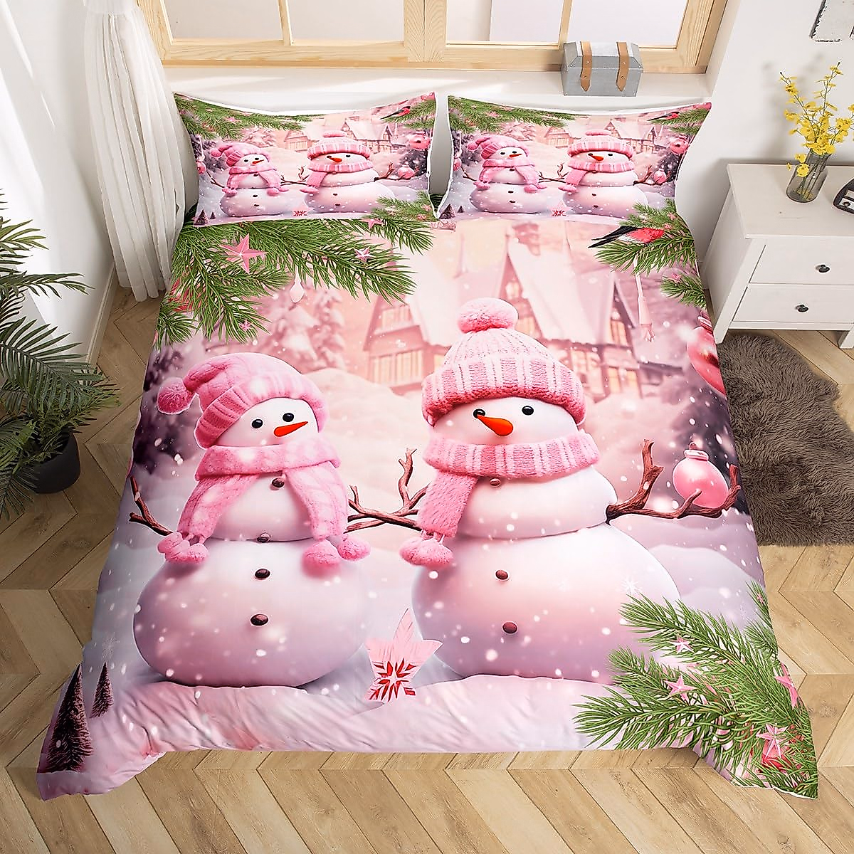 Manfei Cute Snowman Bedding Set for Kids Girls Girly Pink Scarf Comforter Cover Winter Style Snow Duvet Cover Kids Girls Room Decor Happy New Year Bedspread Cover Queen Bedding Collection 3Pcs