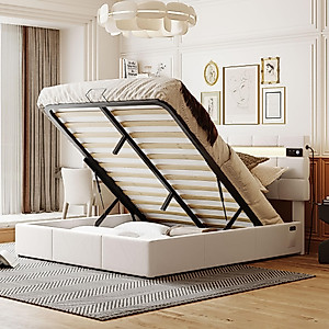 MiHunnor Queen Size Upholstered Platform Bed w/LED Light & Integrated Bluetooth Audio System. Velvet Upholstered Platform Bed w/Hydraulic Storage System & USB Port for Bedroom