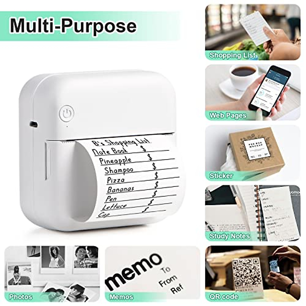 myuiojpn Portable Wireless Printer Mini Pocket Bluetooth Thermal Printers with 6 Rolls Printing Paper Compatible with Android iOS Smartphone for Label Receipt Photo Notes and Memos