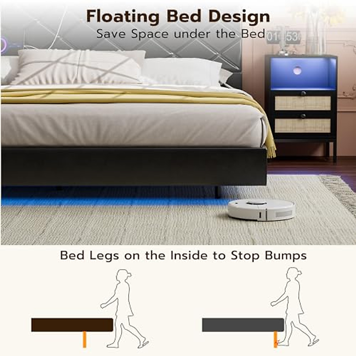 IKIFLY California King Floating Bed Frames with 2 USB Ports - Upholstered Faux Leather Cal King Platform Bed with LED Lights, No Box Spring Needed, Solid Wood Slats, Easy Assembly - Black