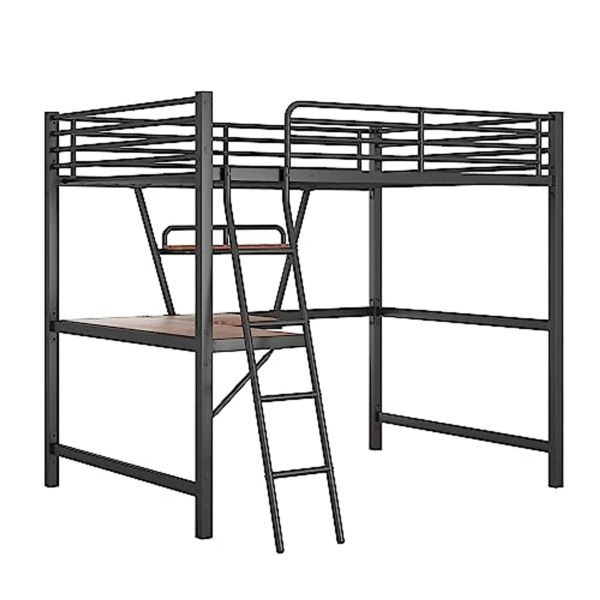 Lifeand Full Size Loft Metal&MDF Bed with Desk and Shelf, Black