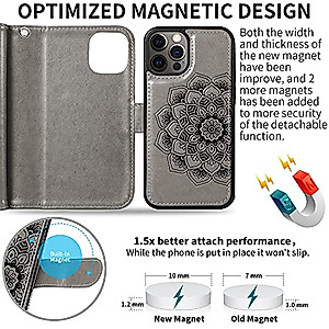 CASEOWL for iPhone 13 Pro Max Case Wallet for Women, Detachable Mandala Embossed Leather Wallet Phone Case with 9 Card Holder[RFID Blocking], Wristlet (Gray)
