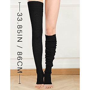 v28 Women Girls Thigh High Neon Ribbed Long 80s 90s Party Skating Leg Warmers (One Size, Hole86 -Black)