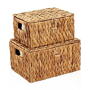 Edergoo Wicker Basket with Lid, Water Hyacinth Storage Baskets for Shelves, Large & Small Wicker Storage Basket with Lid and Built-in Handles, Hand Woven Wicker Baskets for Storage 2 Pack