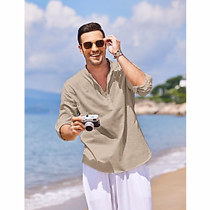 COOFANDY Men's Cotton Linen Henley T-Shirts Long Sleeve Hippie Casual Beach T-Shirts