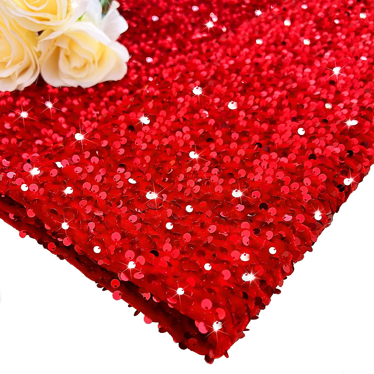 Sequin Fabric Red Glitter Fabric Stretch Velvet Fabric by The Yard 1 Yard Mermaid Sequins Fabric Large Sequins Christmas Fabric for Sewing Dress Sparkly Fabrics for DIY Making Outdoor Polyester Cloth