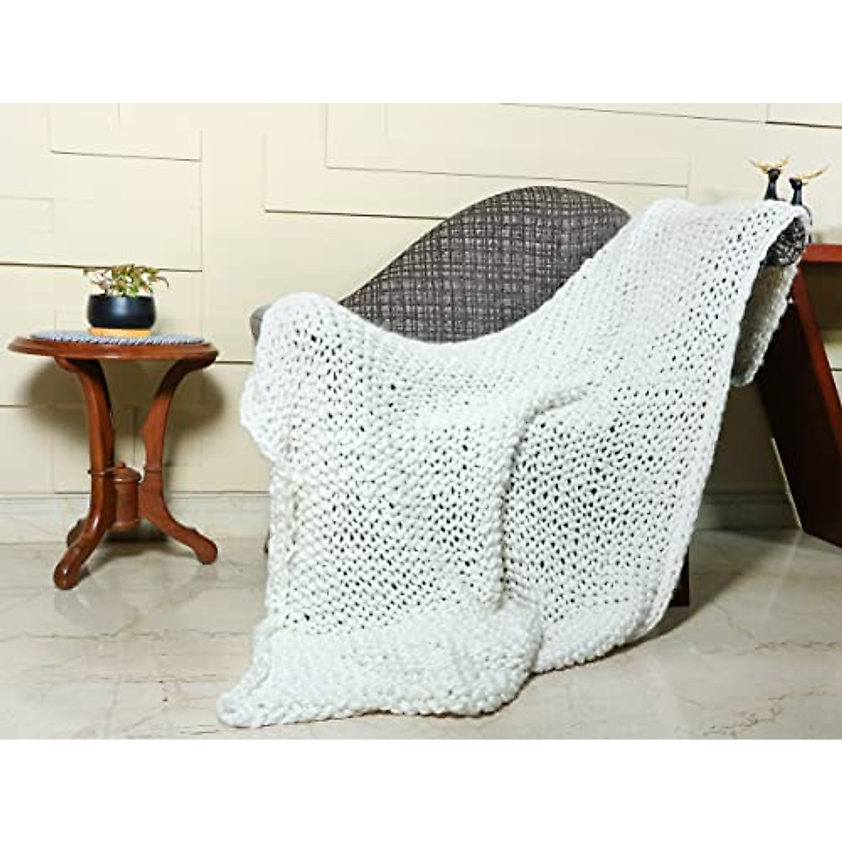 Chunky Knit Throw Blanket - Hand Made - Acrylic & Wool Boho Blankets for Chair, Sofa, Bed & Home Decorations - Warm Cover - Decorative Furnishings - 50’’ x 70’’ - Ivory – Woven.St
