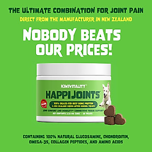 KiwiVitality HappiJoints Hip and Joint Supplement Treats for Dogs, Cats • 100% Grass-Fed Beef Bone Collagen New Zealand Green-Lipped Mussels • 100 Treats