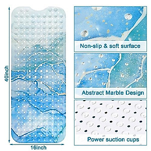 Topotdor Abstract Bathtub Mat Non Slip for Shower Tub, 40 X 16 Inch Extra Long Bath Mat for Adults & Kids, Blue Marble Shower Floor Mat with Suction Cups & Drain Holes, Machine Washable