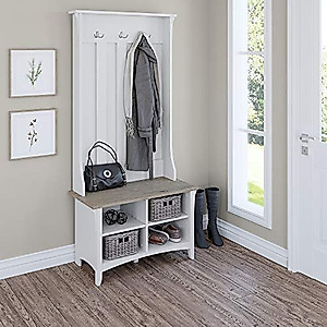 Bush Furniture Salinas Hall Tree with Shoe Storage Bench, Pure White and Shiplap Gray