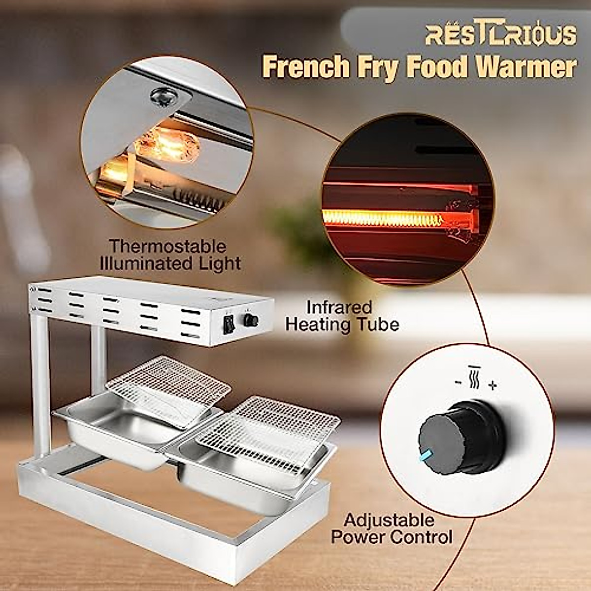 Restlrious French Fry Warmer Commercial Heat Lamp Food Warmer, Free Standing Electric Infrared Heating Dump Station, 500W Stainless Steel Food Warming Light w/2 Half Size Food Pan for Fries 4” Deep