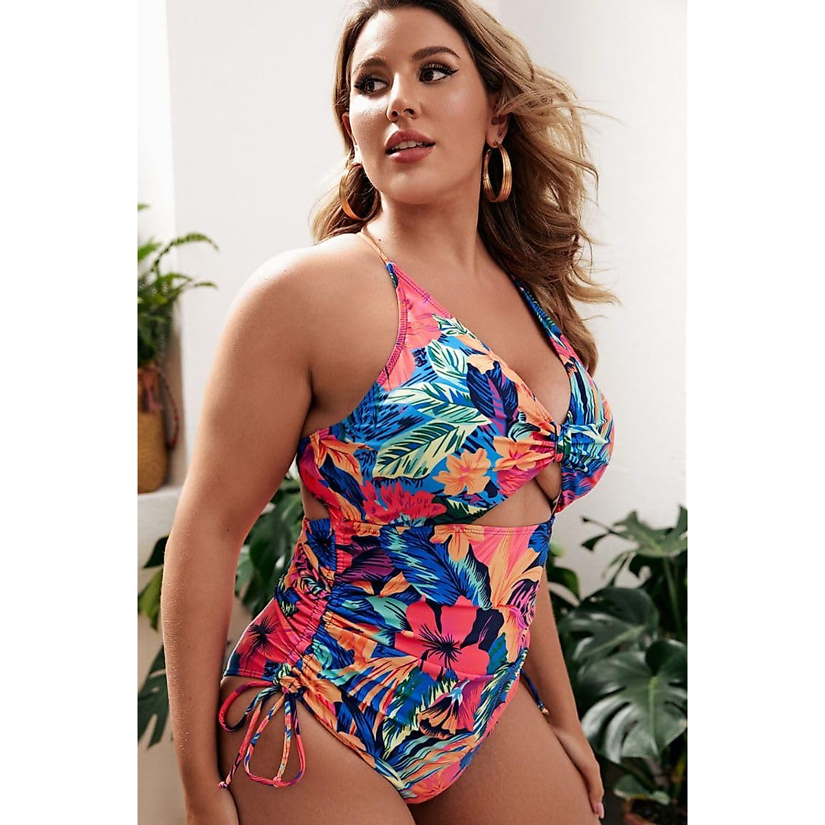 ERASHE Women Plus Size One Piece Swimsuit V Neck Cut Out Sexy Tummy Control Fashion Bathing Suit with Straps (as1, Alpha, x_l, Plus, Regular, Decor)
