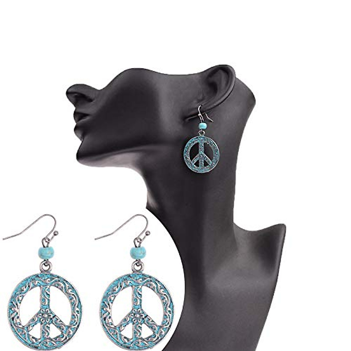 Antique Vintage Bronze Round Peace Love Sign Symbol Hook Earring Carving Filigree Flower Drop Earring Women Jewelry (Retro Blue)