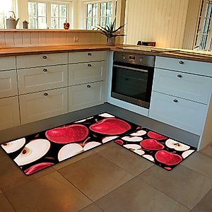 Kitchen Rugs and Mats Set of 2 Pieces Anti Fatigue Standing Mat Watercolor Red Apple Black Non Slip Washable Comfort Flooring Carpet Runner for Kitchen Home