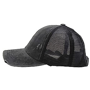 KKMKSHHG Criss Cross Baseball Caps, Women Ponytail Mesh Hat Distressed High Messy Bun Trucker Ponycap Black
