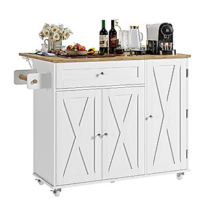 BOTLOG Kitchen Island with Storage, Island Table on Wheels with Drop Leaf, Spice Rack, Drawer, Towel Rack, Rolling Kitchen Island Cart for Dinning Room, White 15.7-27.55" D x 47.63" W x 35.43" H