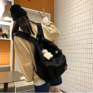 RRRWEI simple backpack cute backpack kawaii backpack pins plush bear pendant school backpack solid color backpack teen girls (BLACK)