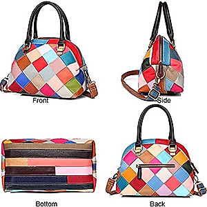 Downupdown Genuine Leather Handbags Women Top Handle Handbags Multicolor Square Splice Satchel Bag Tote Purse with Long Strap