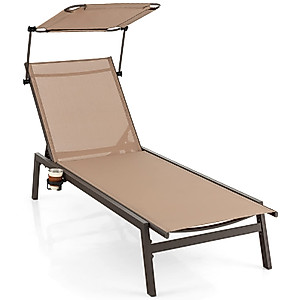 Tangkula Patio Chaise Lounge Chair, Outdoor Recliner with Adjustable Canopy & Cup Holder, 6-Level Backrest, Heavy-Duty Metal Reclining Lounger for Poolside, Backyard (1, Brown)