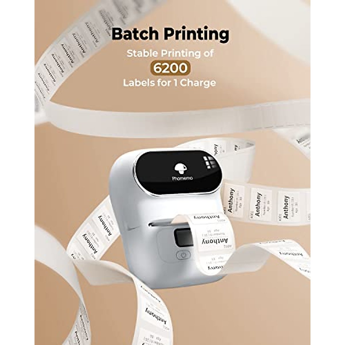 Phomemo M110 Label Printer - Bluetooth Portable Label Maker No Ink, Mini Barcode Label Printer for Retail, Address, Barcode, Home, for PC/Mac, iOS/Android with 3pack Most Used Labels, Snow White