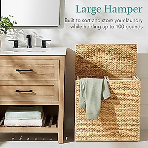 Best Choice Products Large Double Laundry Hamper with Lid, Natural Handwoven Water Hyacinth, 2 Sections w/ 2 Machine Washable Linen Liner Bags, Portable, Handles - Natural