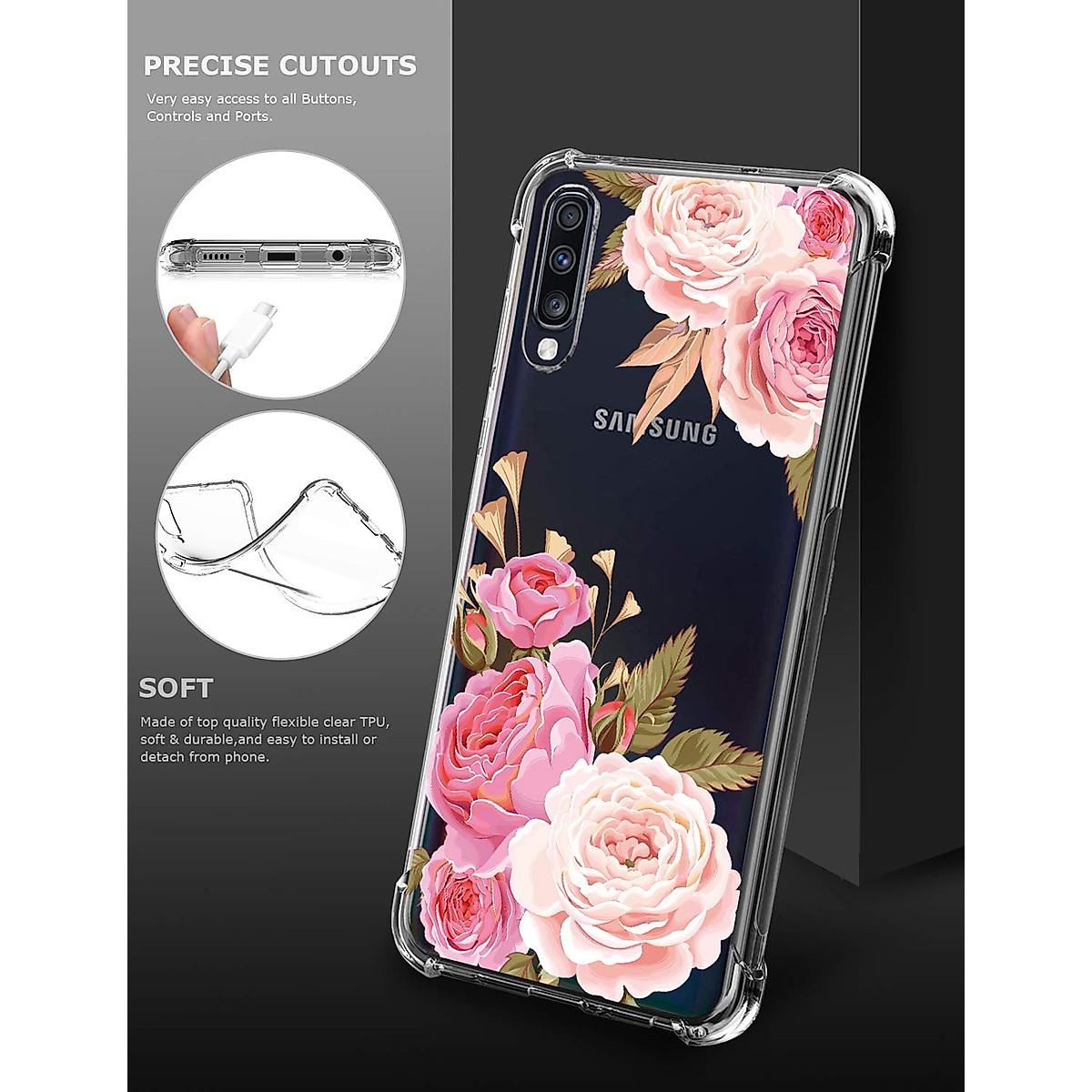 GREATRULY Floral Clear Case for Galaxy A50 for Women Girls,Pretty Phone Case for Samsung Galaxy A50 (2019),Flower Design Transparent Slim Soft Drop Proof TPU Bumper Cushion Silicone Cover Shell,FL-K