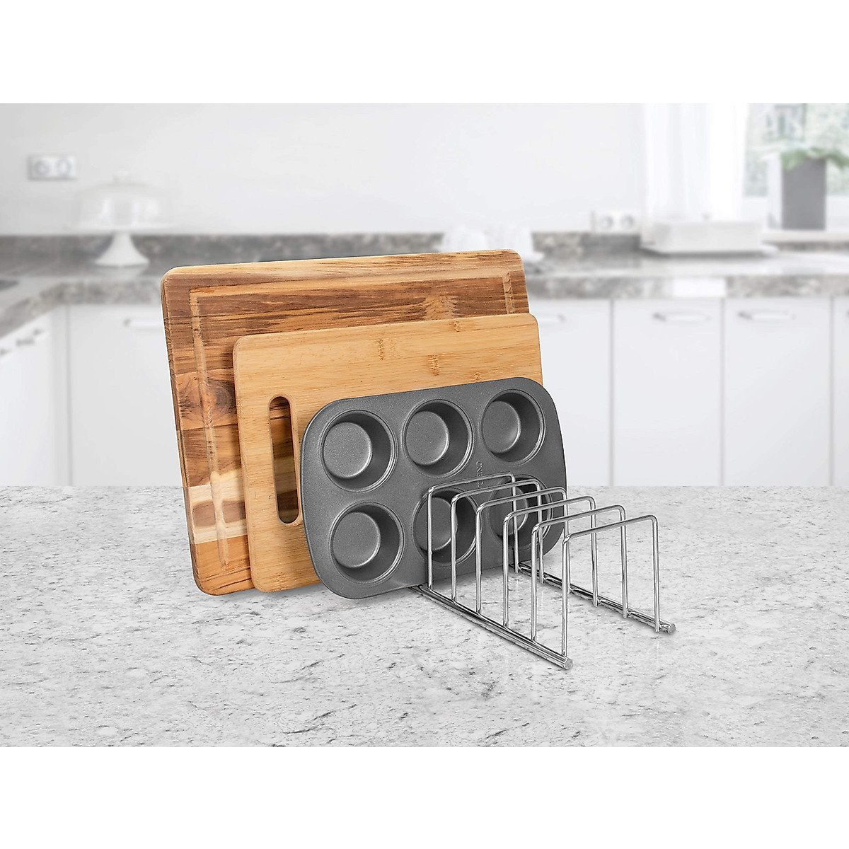 GERUSEA Pot Lid Holder, Stainless Steel Kitchen Organizer Rack Rest, Storage Cutting Boards, Bakeware, Pots & Pans, Serving Trays, Reusable Containers in Cabinet Pantry on Countertop