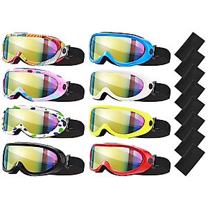 8 Pcs Ski Goggles with Glasses Cloths, UV Protection Snowboard Goggles Dustproof Anti Fog Snow Goggles for Kids Adults Men Women Boys Girls Teens Winter Sports, 8 Colors
